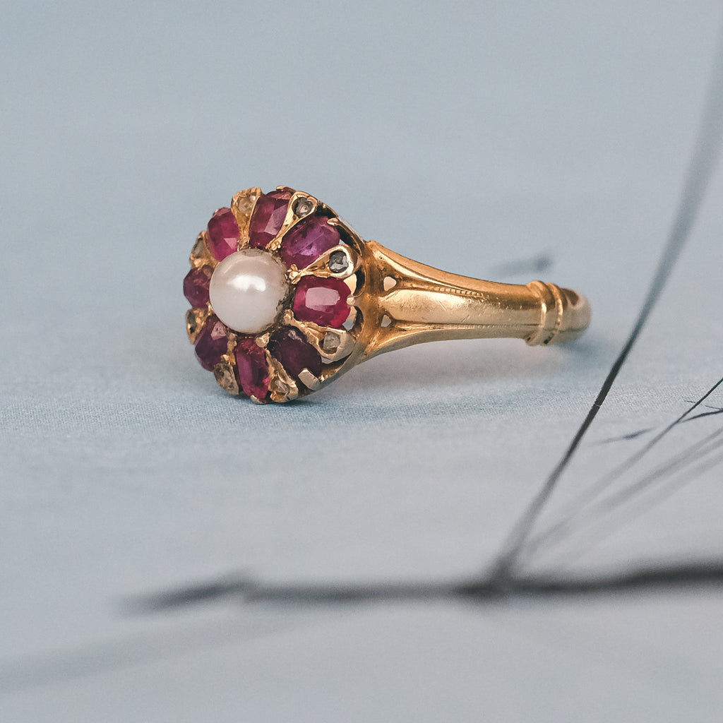 1875 Ruby & Pearl Sunburst Ring – Lost Owl Jewelry